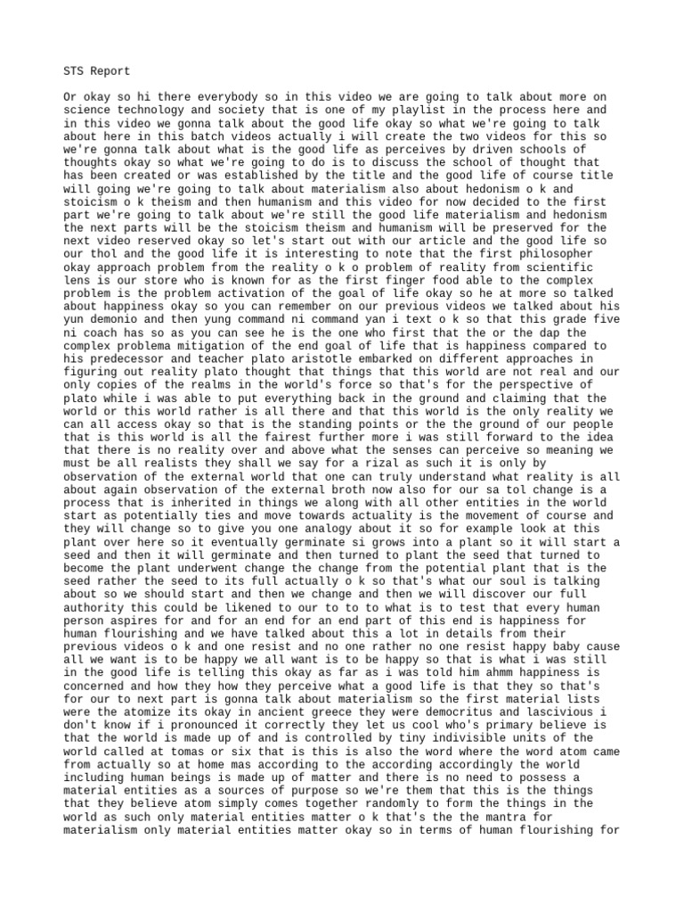 STS Report | PDF | God | Reality