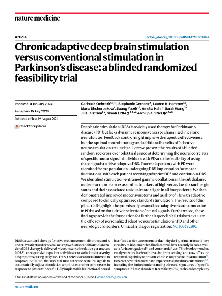 Chronic Adaptive Deep Brain Stimulation Versus Conventional Stimulation ...