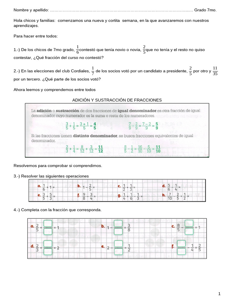 7mo. SUMA Y RESTA DE FRACCIONES | PDF