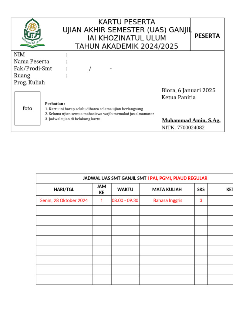 Kartu Ujian Akhir Semester Ganjil | PDF