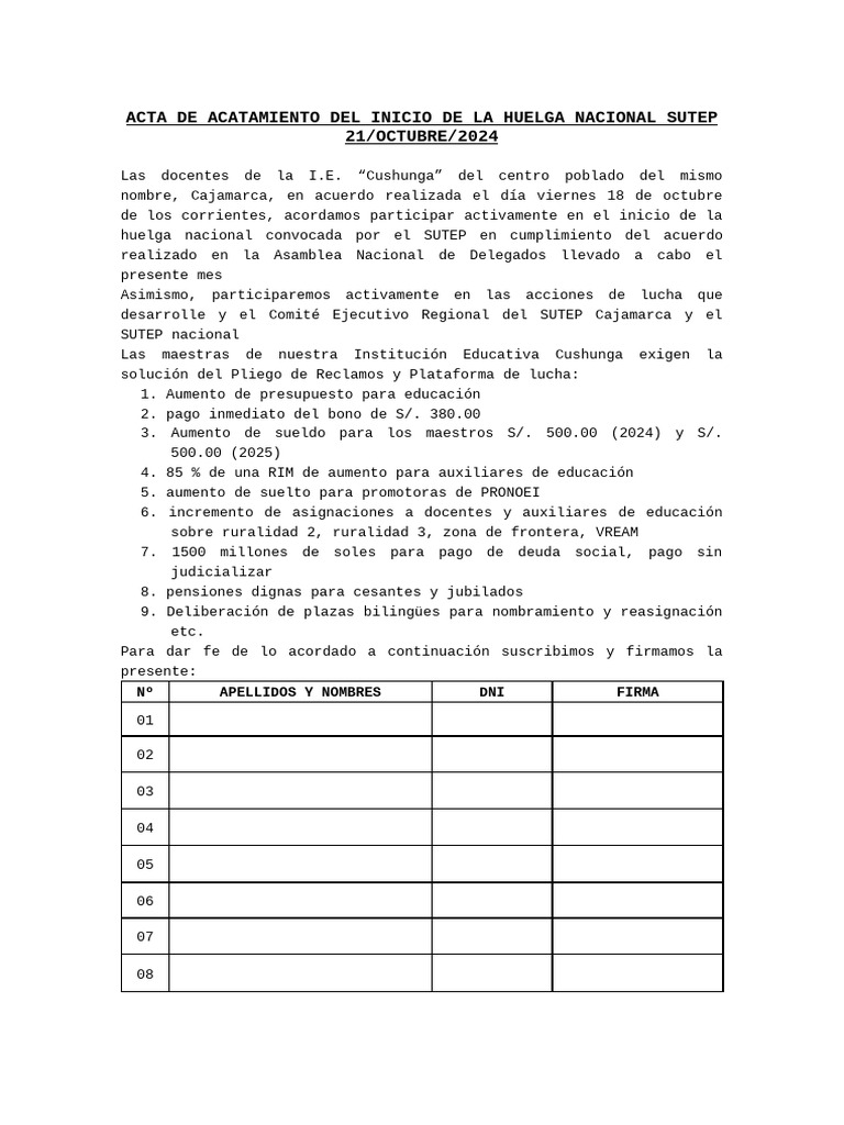 Acta de Acatamiento Del Inicio de La Huelga Nacional Sutep 21 | PDF