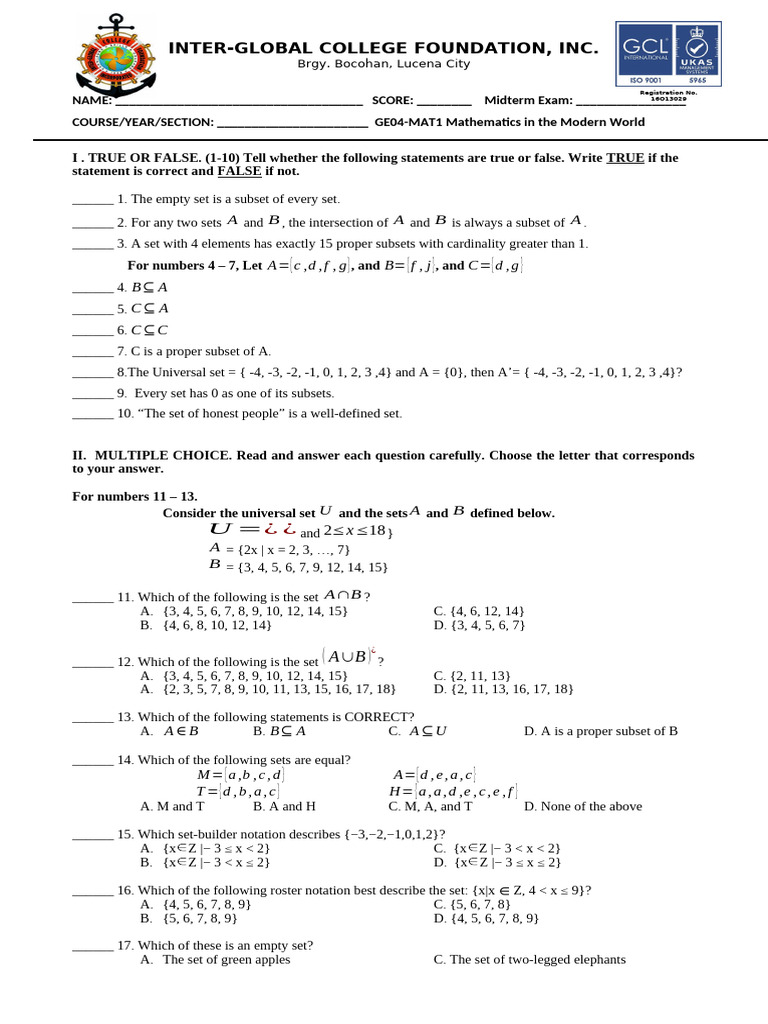Midterm Exam - GE04-MAT1 (GE04) | PDF | Mathematics | Mathematical Logic