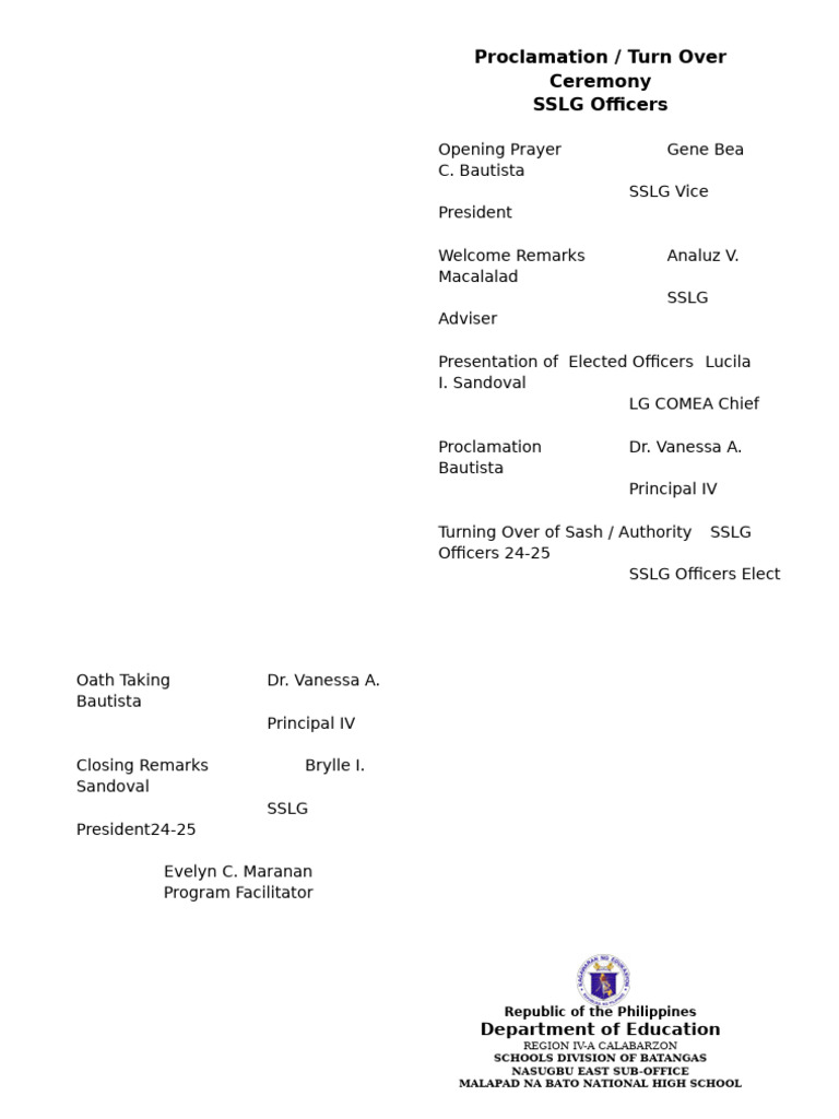 SSLG Officers Proclamation Ceremony 2025 | PDF