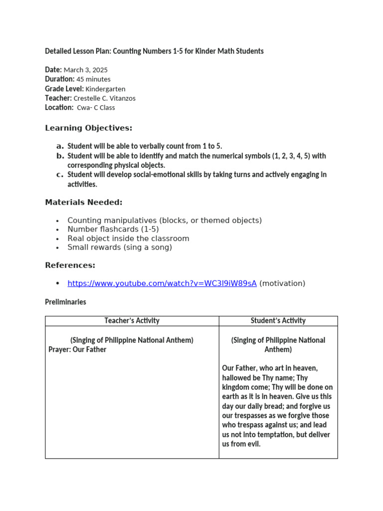 Detailed Lesson Plan- math 1-5 | PDF | Lord's Prayer | Learning
