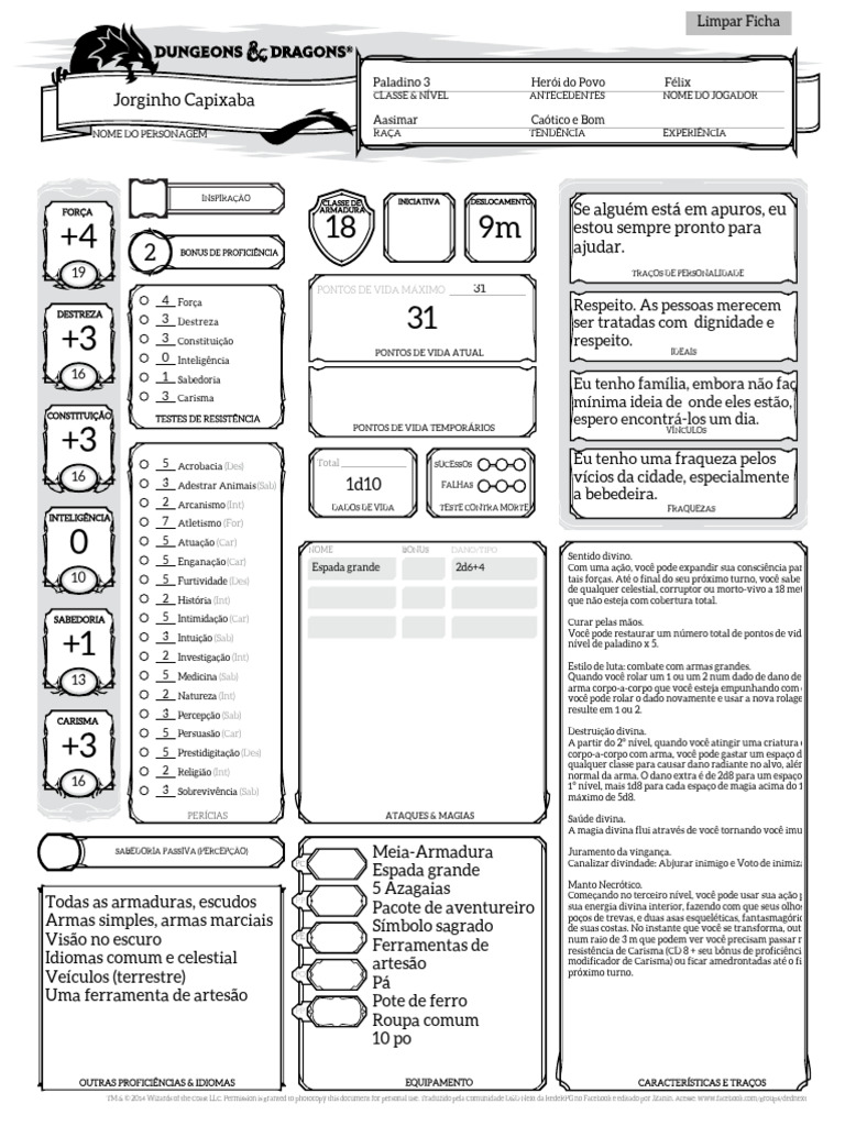 Ficha D&D Jorginho Capixaba | PDF