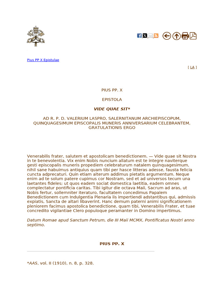 Pio X - VIDE QUAE SIT | PDF