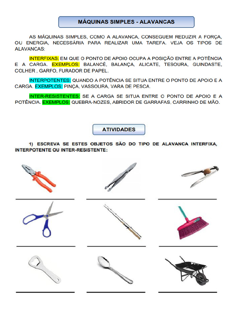 ATIVIDADE ADAPTADA DE CIÊNCIAS MAQUINAS SIMPLES 21 -02 ALUNOS | PDF