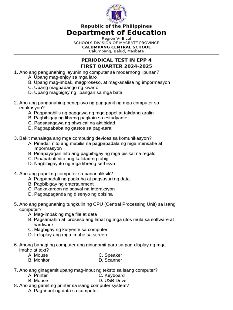 Q1 PT - EPP 4 MATATAG | PDF