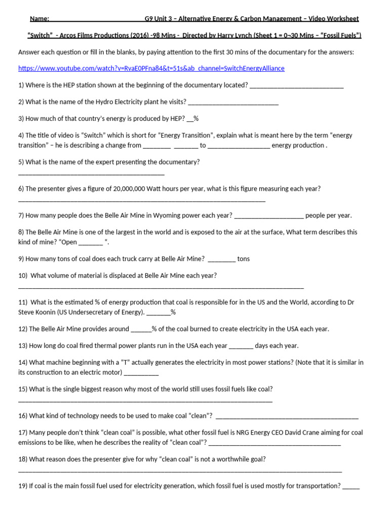 Switch Documentary Worksheet Guide | PDF | Coal | Petroleum