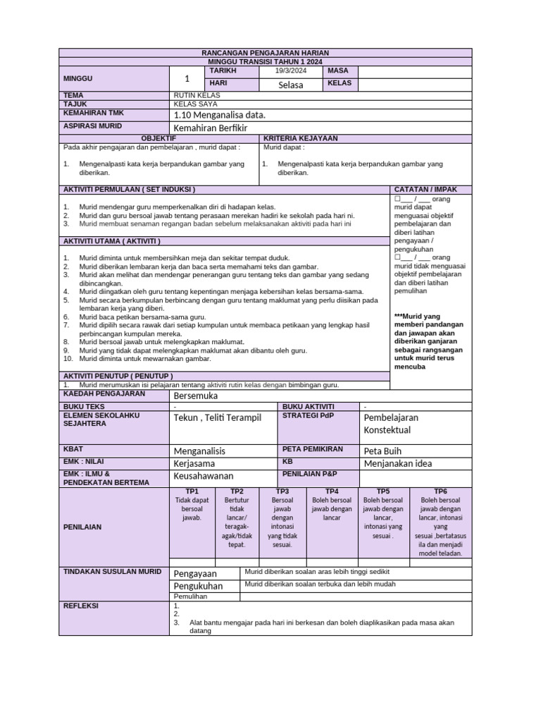 RPH Transisi Tahun 1 26 02 2025 by Cikgu Gorgeous | PDF