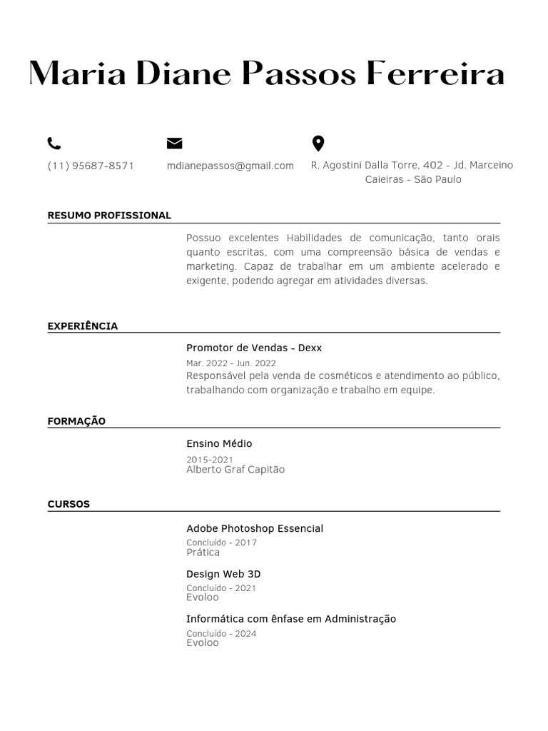 Habilidades e Formação de Maria Diane | PDF