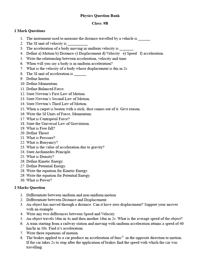 Physics Question Bank - Final | PDF | Acceleration | Force