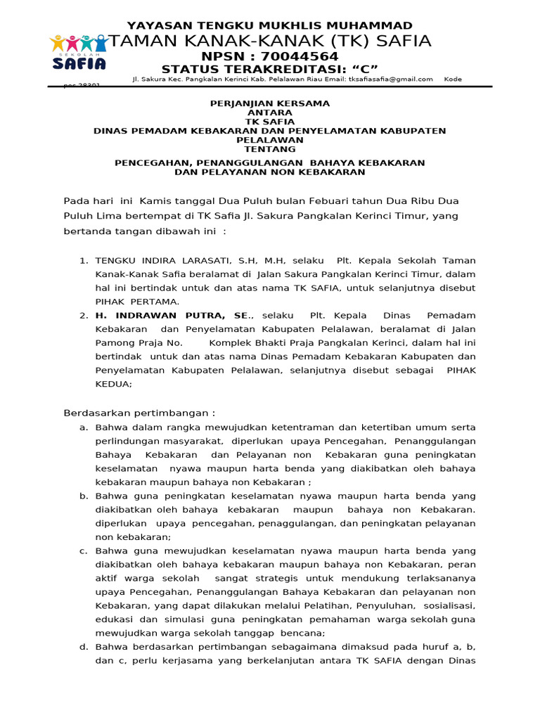 Mou TK Dengan Dinas Damkar TK Safia | PDF