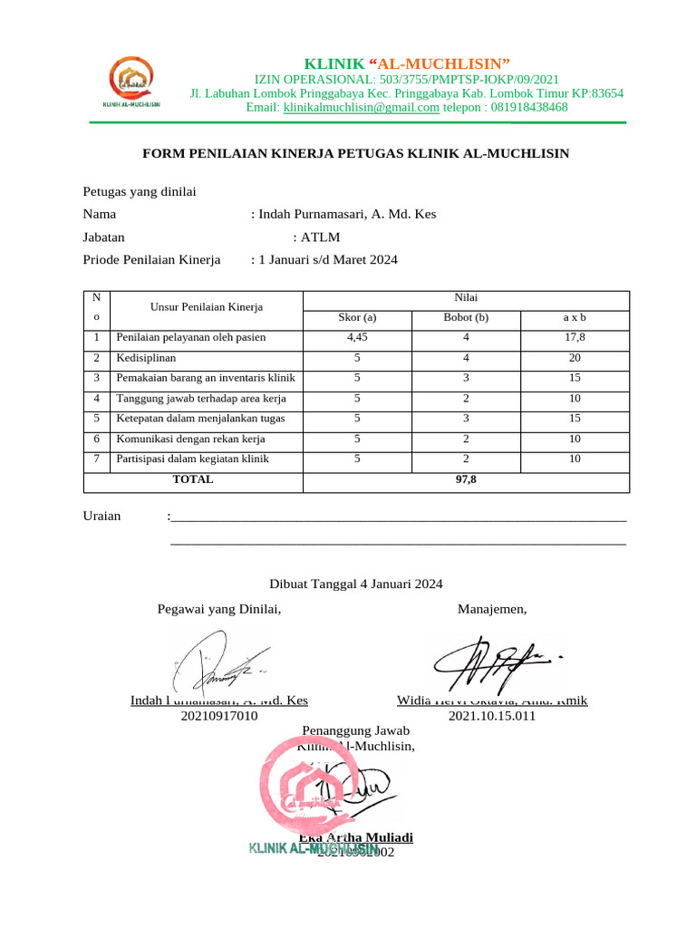 Form Penilaian Kinerja Petugas Klinik | PDF