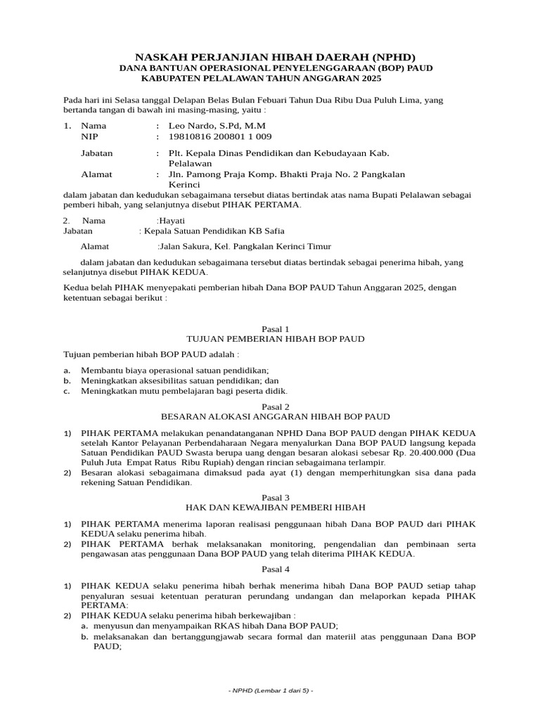 NASKAH PERJANJIAN HIBAH DAERAH TK SAFIA - Copy | PDF