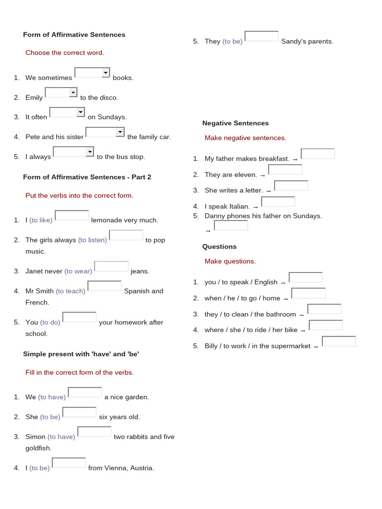 Affirmative and Negative Sentence Exercises | PDF