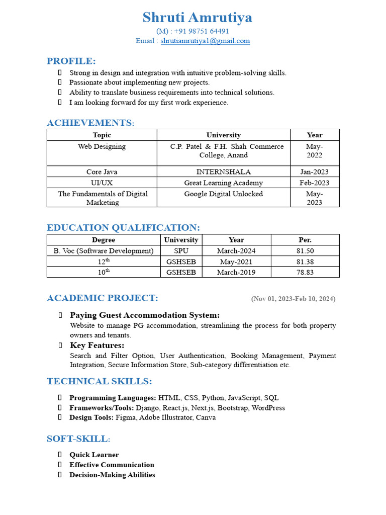 Resume of Shruti Amrutiya | PDF