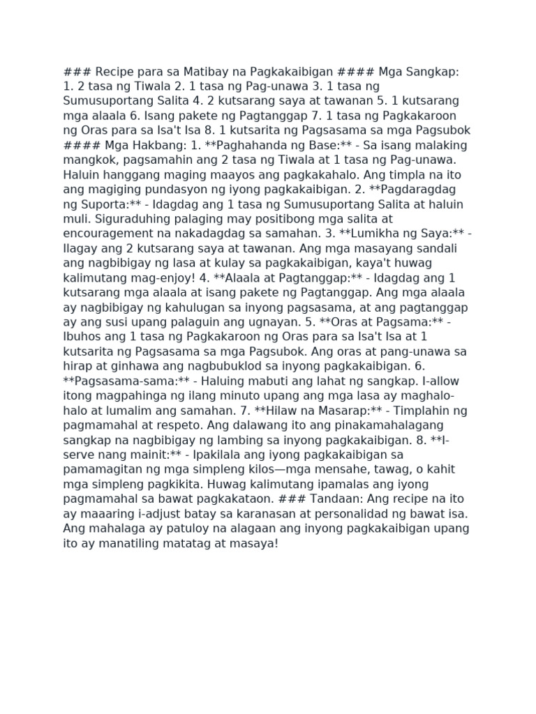 Recipe para Sa Matibay Na Pagkakaibigan | PDF