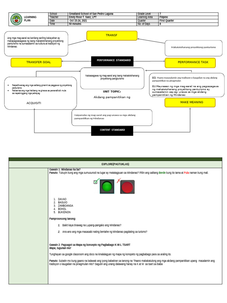 Learning Plan - Filipino - Grade 7 | PDF