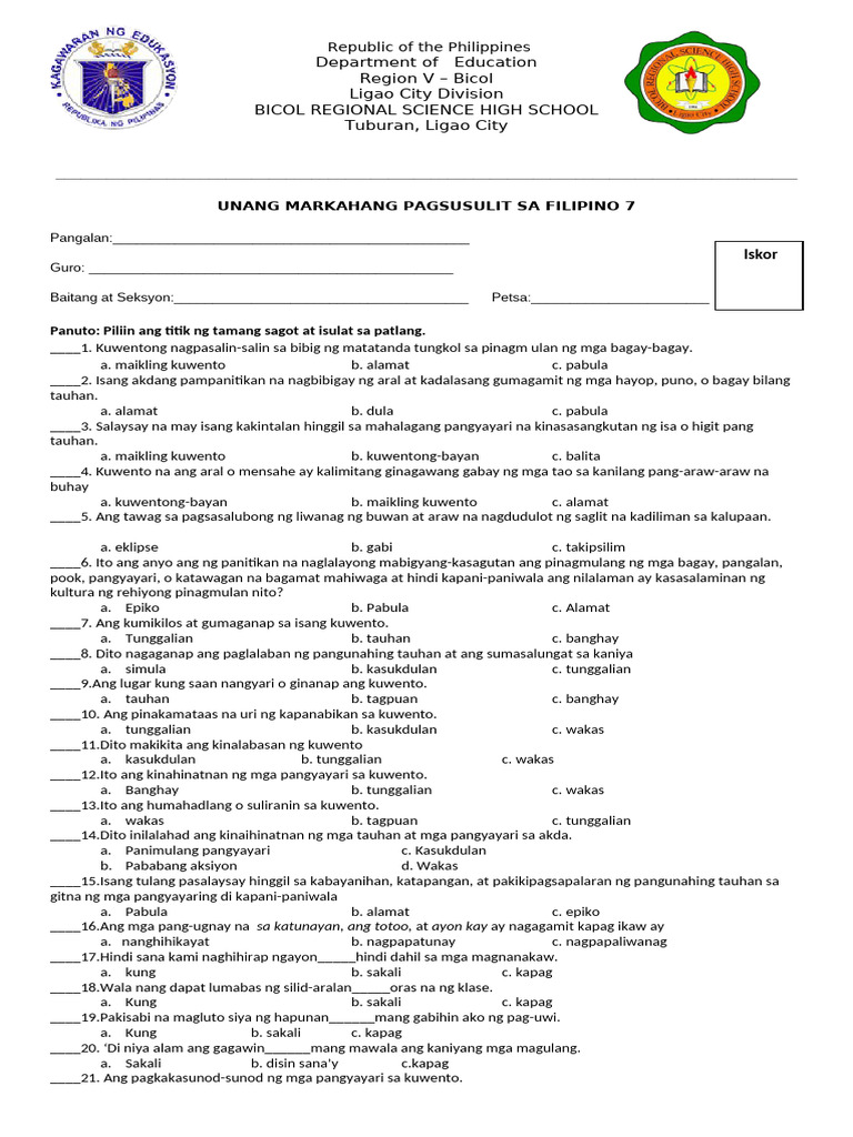 1st Periodical Test-FILIPINO-PRINT | PDF