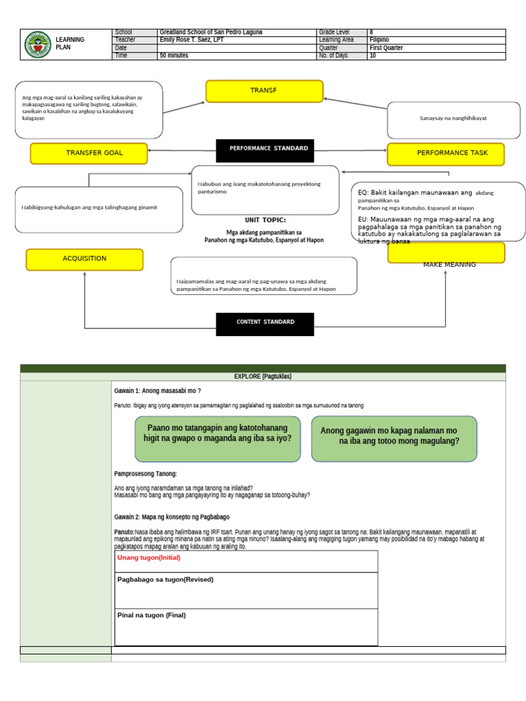 Learning Plan - Filipino - Grade 8 | PDF