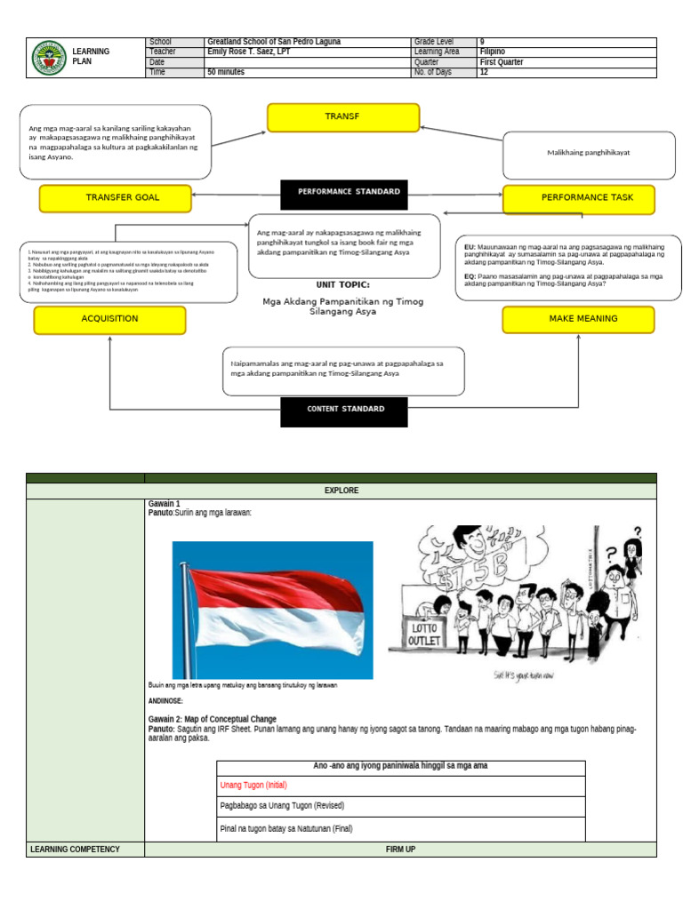 Learning Plan - Filipino - Grade 9 | PDF