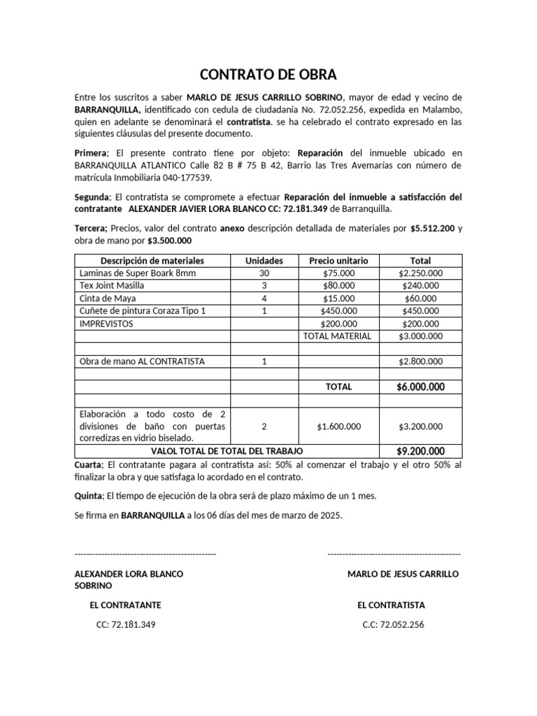 Contrato De Obra Pdf