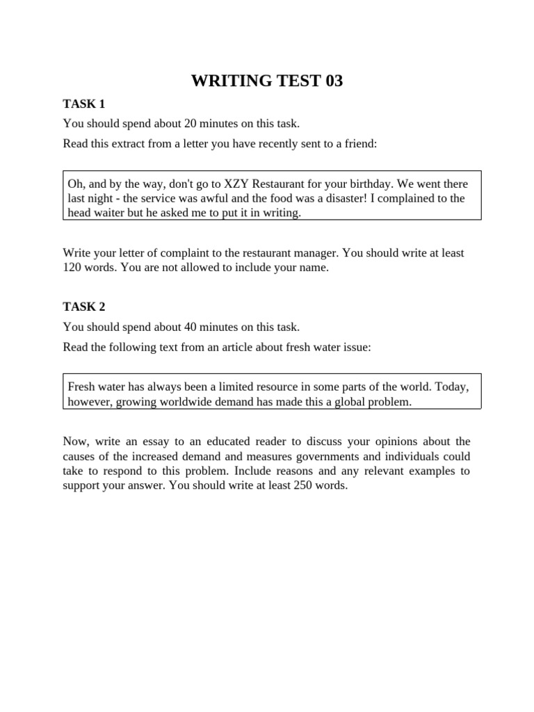 Writing Test: Complaint Letter & Essay | PDF