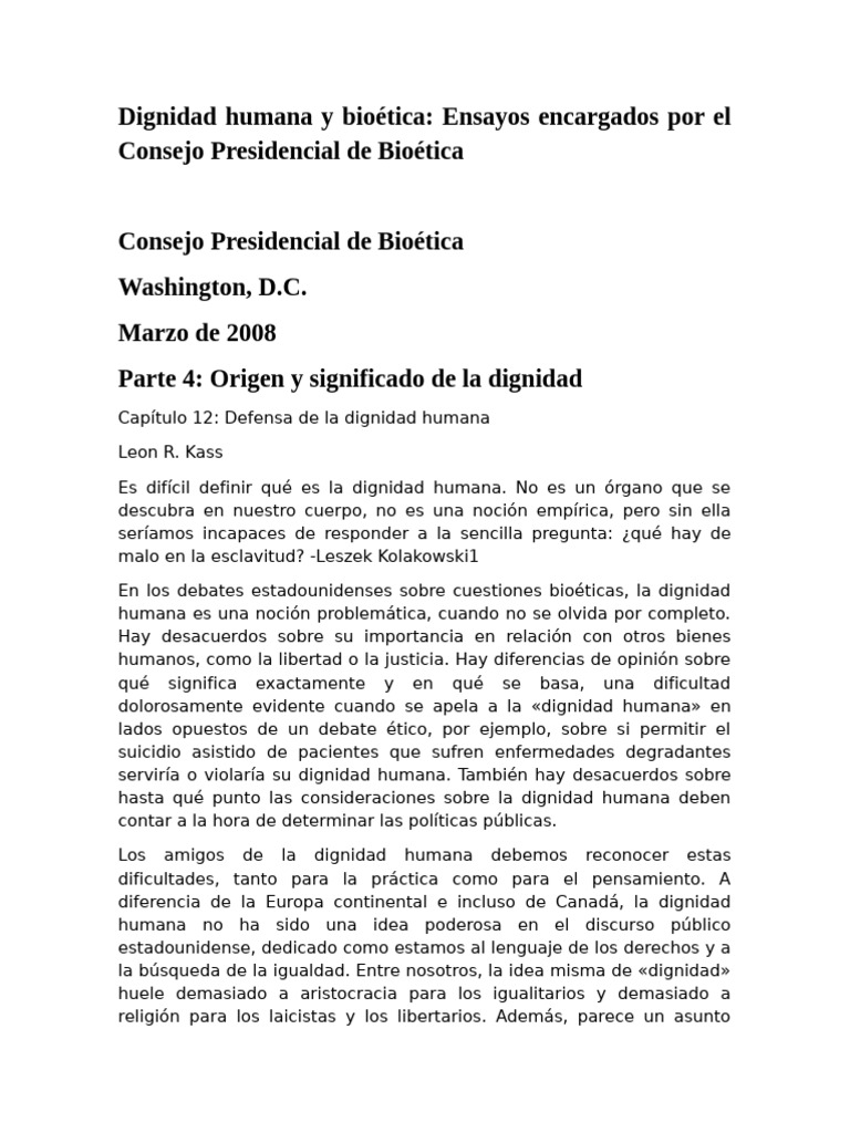 Dignidad Humana y Bioética Leon Kass | PDF | Dignidad | Bioética