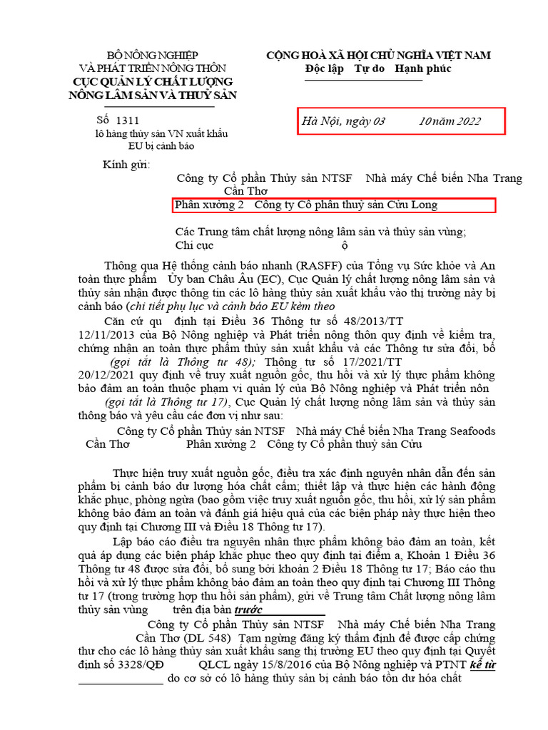 cv 1311 Thong bao canh bao EU DL 548 va DL 31, DL 232 | PDF