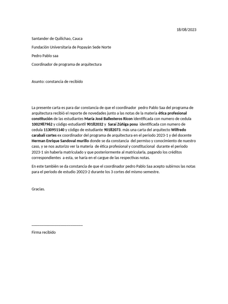 Carta de Recibido | PDF