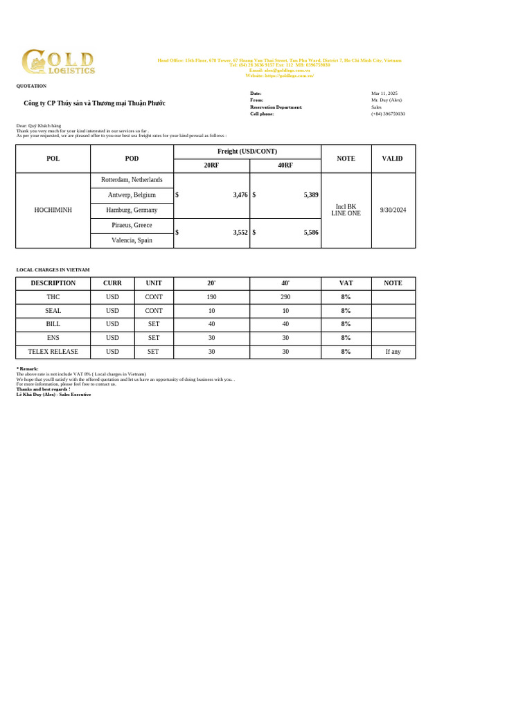 Goldlogs - Quotation - HCMC To Mainport Eu - 31. August | PDF