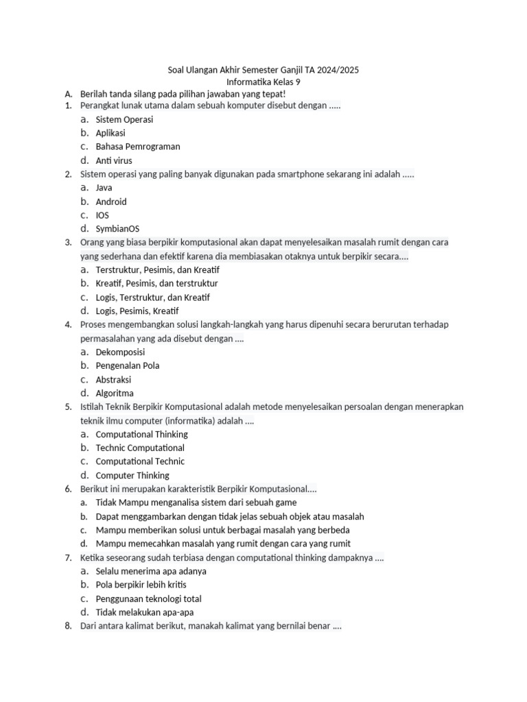 Soal UAS Informatika Kelas 9 | PDF