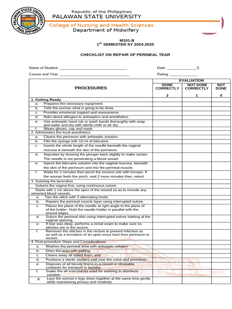 Perineal Repair Checklist m101 B | PDF | Surgical Suture | Vagina