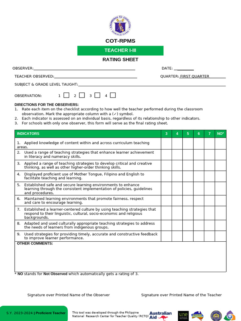 (Appendix C-03) COT-RPMS Rating Sheet For T I-III For SY 2023-2024 ...