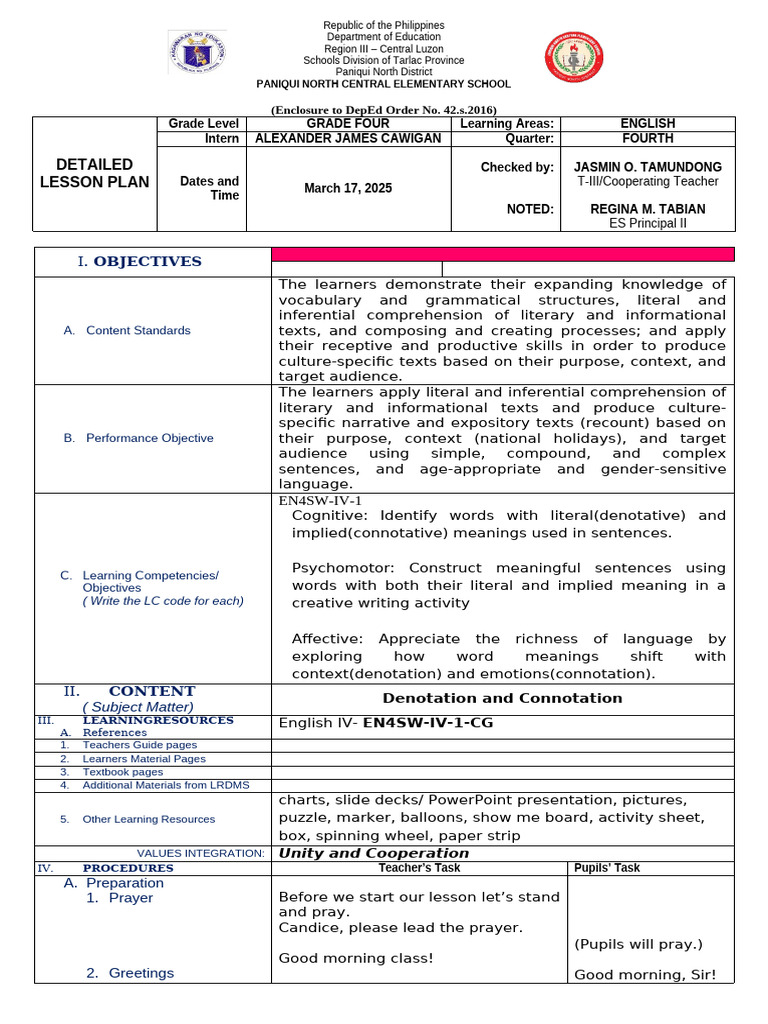 DETAILED-LESSON-PLAN-CONOTATION-DENOTATION | PDF | Reading ...
