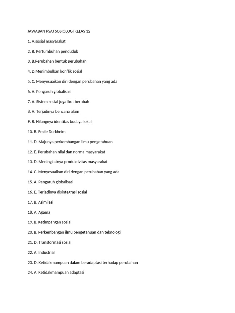 JAWABAN SOSIOLOGI PSAJ KELAS 12 | PDF