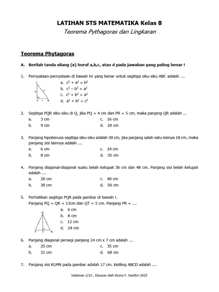 Latihan STS Genap Matematika Kls 8 Phytagoras dan Lingkaran | PDF