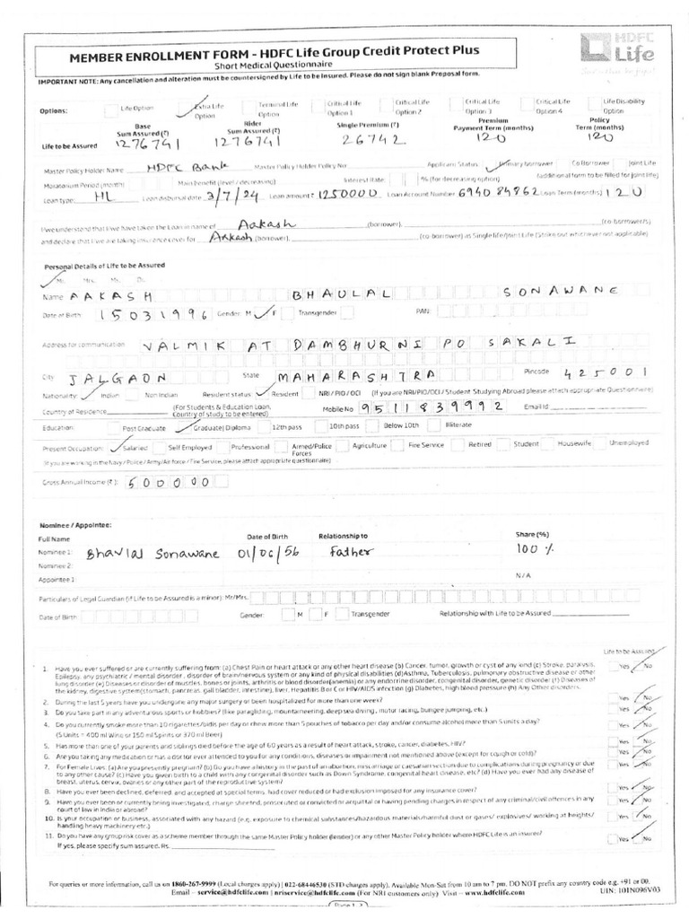 Aakash Sonawane MIF Form | PDF