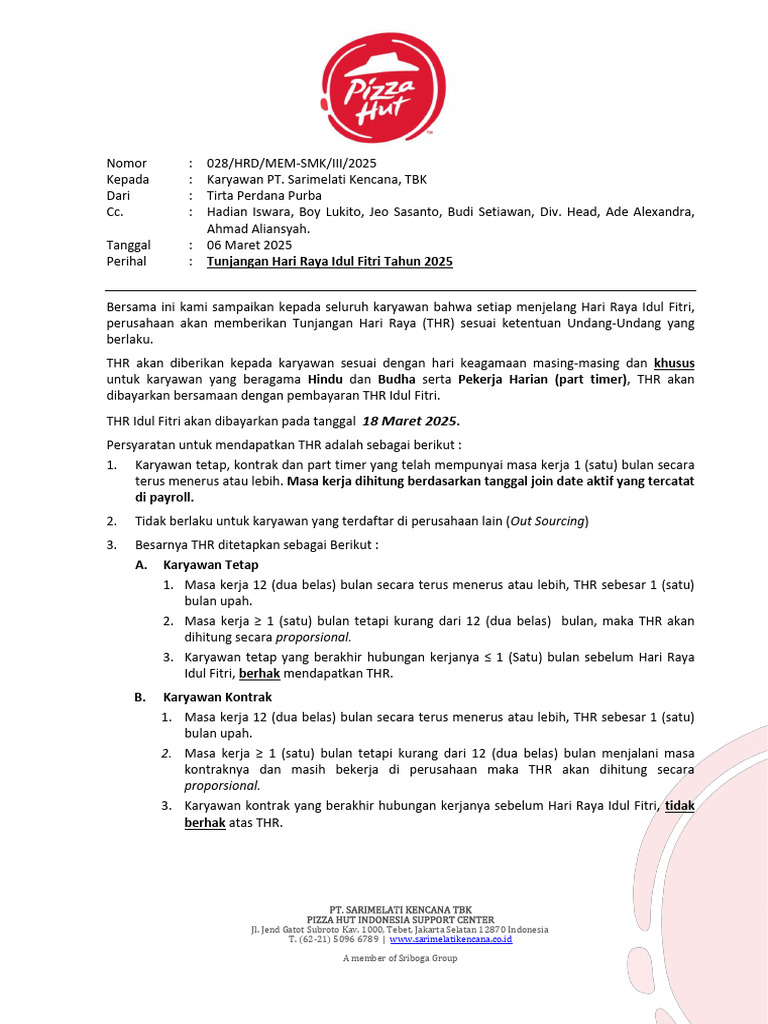 Memo SMK 2025-028 Tunjangan Hari Raya Idul Fitri Tahun 2025 | PDF