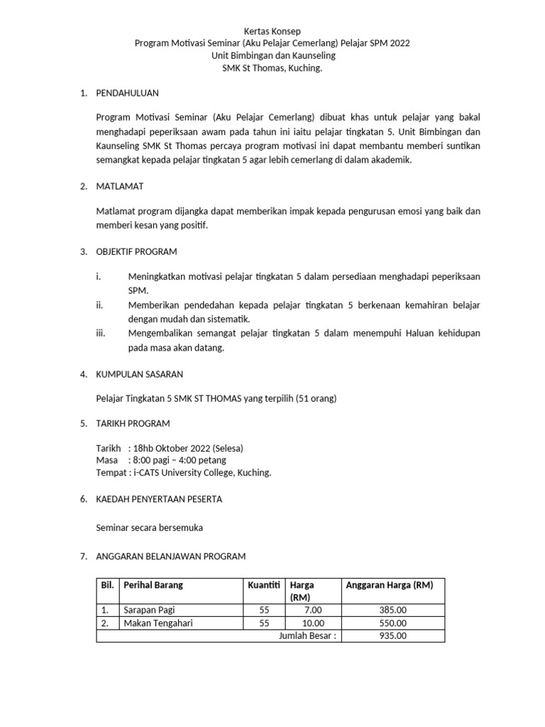 Kertas Konsep Program Motivasi SPM 2022 | PDF