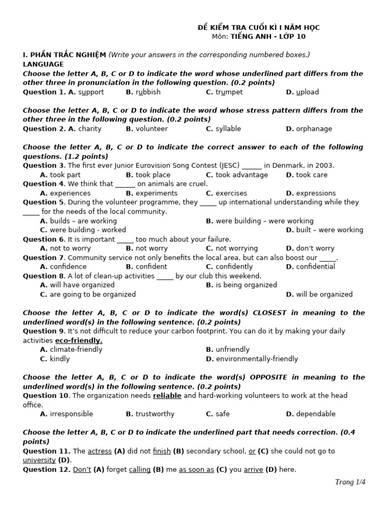 KIểm tra cuối kif1-Anh 10 | PDF
