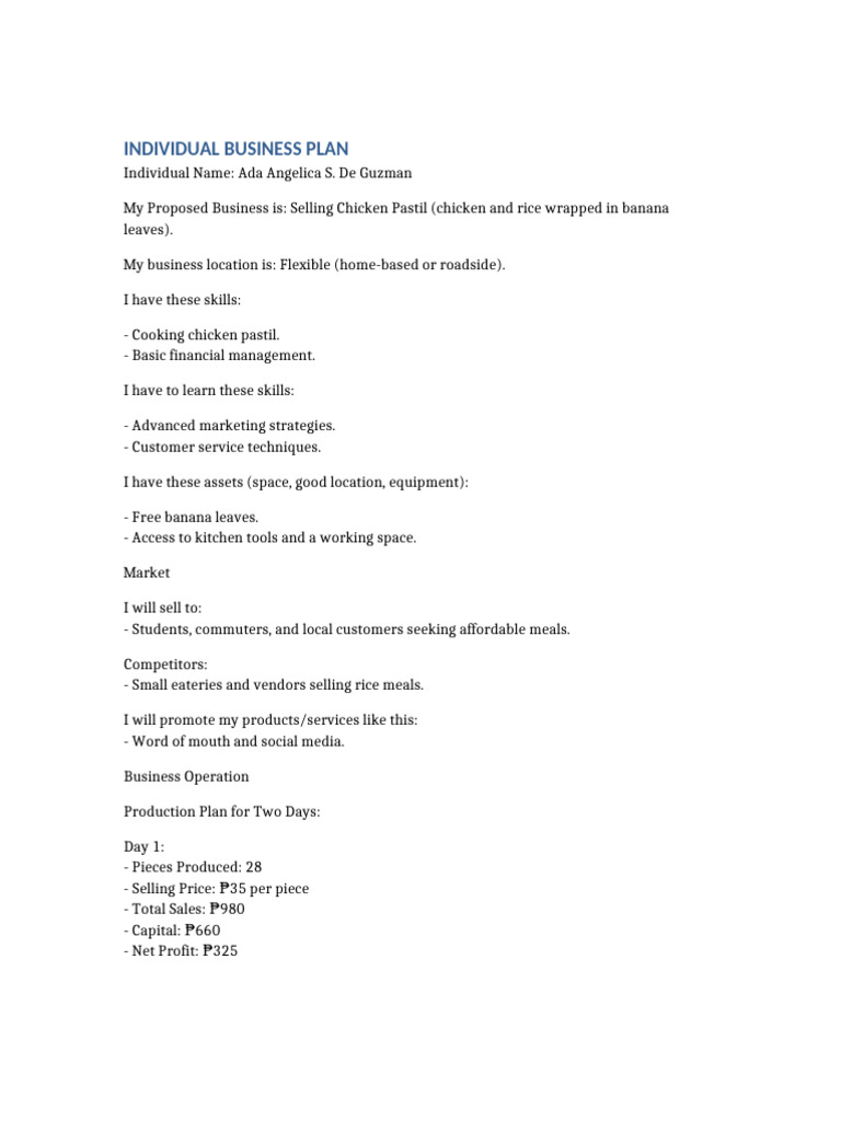 Formatted Chicken Pastil Business Plan Fixed | PDF