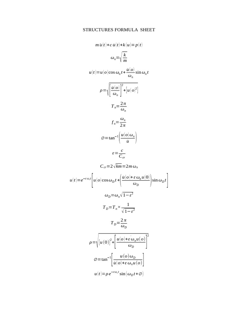 STRUCTURES FORMULA SHEET - Obuasi | PDF