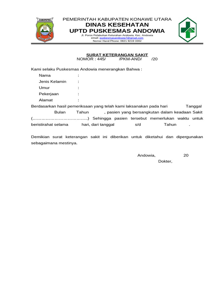 Surat Keterangan Sakit Puskesmas Andowia | PDF