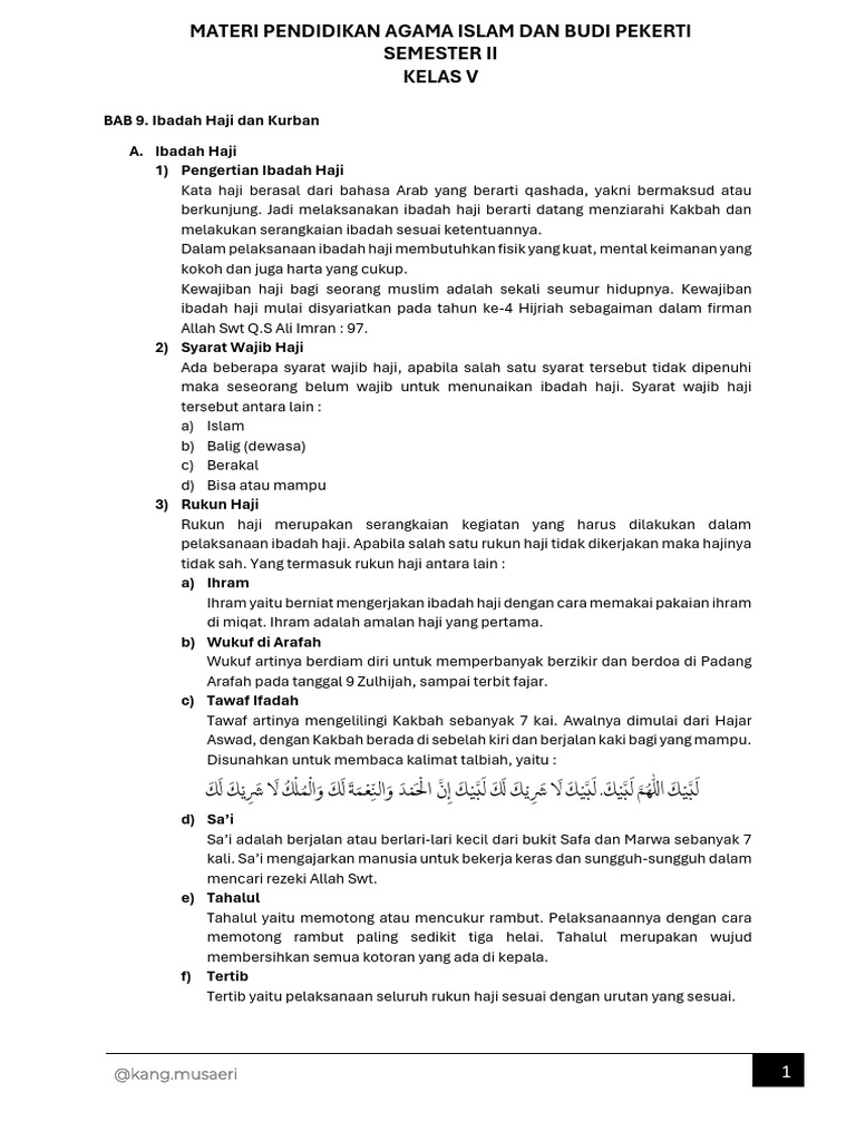 Materi PAI & BP Kelas V Bab 9. Ibadah Haji Dan Kurban | PDF
