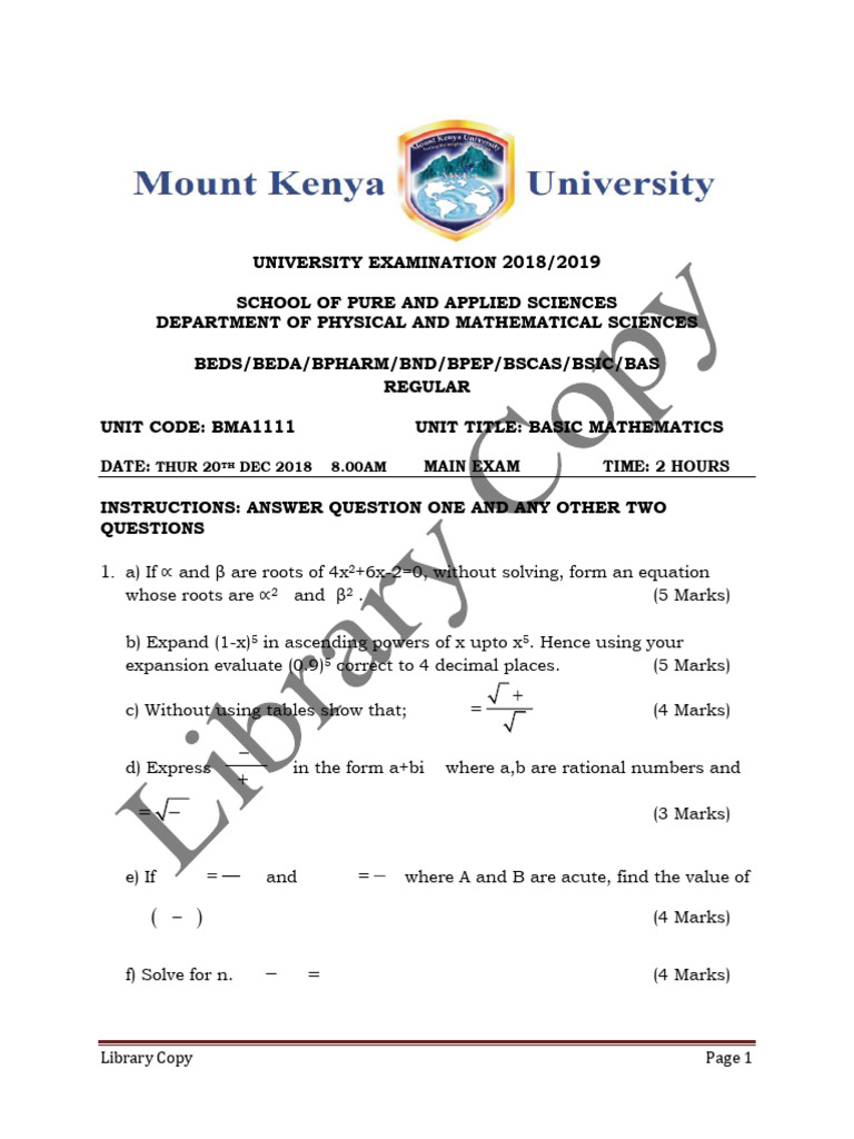 Basic Mathematics Exam 2018/2019 | PDF | Mathematics | Algebra