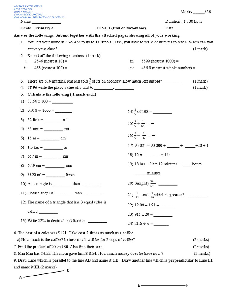 P4 Maths Test 1 Nov TR Htoo 2 | PDF | Elementary Geometry | Euclidean ...