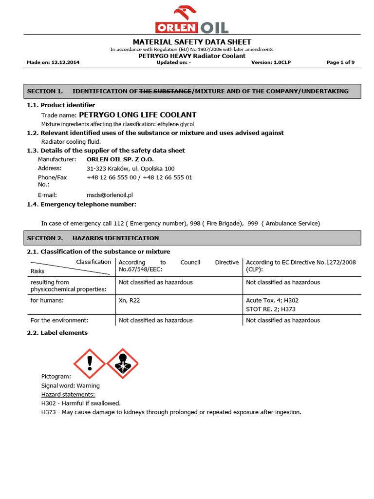 MSDS - Long Life Coolant 2024 - (English) | PDF | Dangerous Goods | Waste