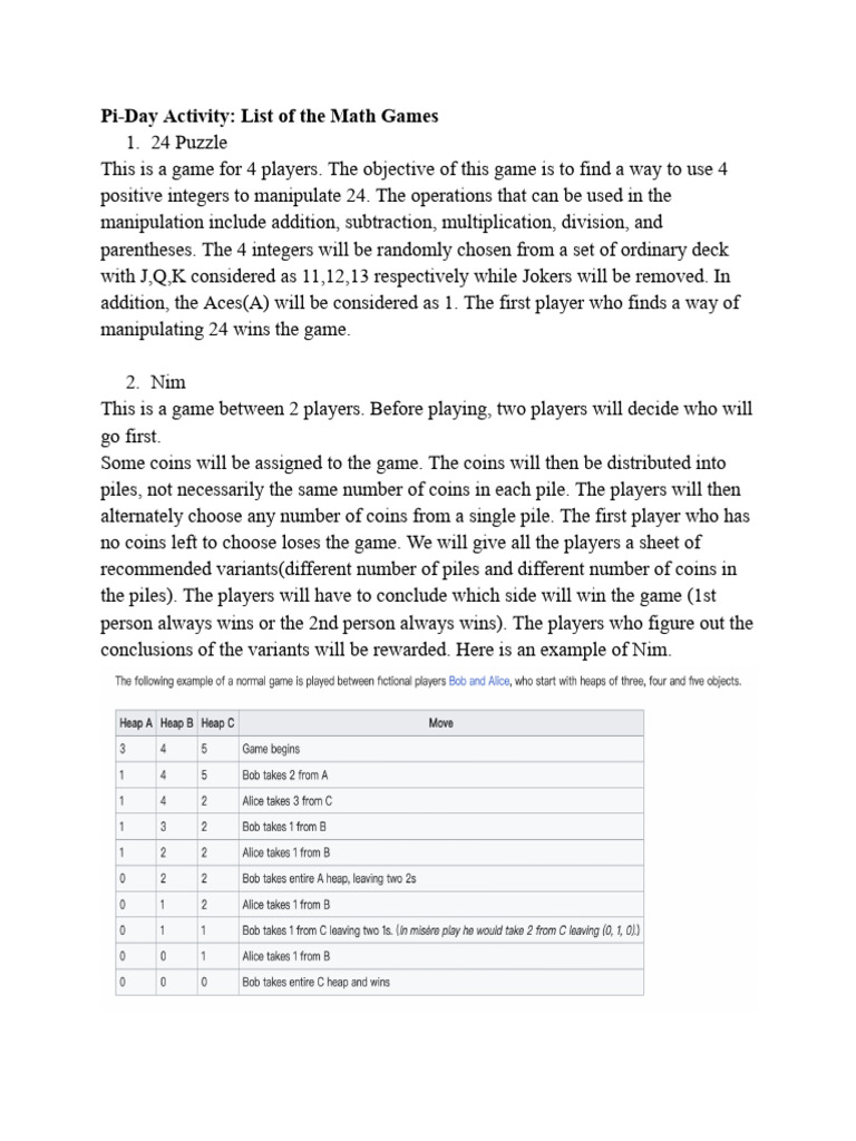 Math Games for Pi-Day Activities | PDF